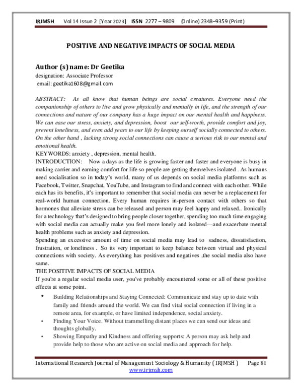(PDF) POSITIVE AND NEGATIVE IMPACTS OF SOCIAL MEDIA (PDF) POSITIVE AND NEGATIVE IMPACTS OF SOCIAL MEDIA