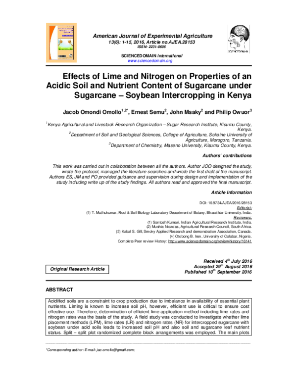 (PDF) Effects of Lime and Nitrogen on Properties of an Acidic Soil and ...