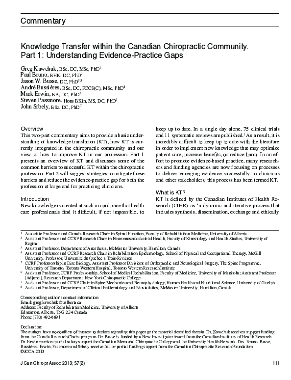 (PDF) Knowledge Transfer within the Canadian Chiropractic Community ...