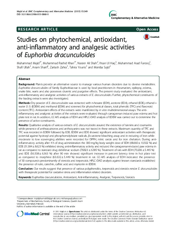 (PDF) Studies on phytochemical, antioxidant, anti-inflammatory and analgesic activities of ...