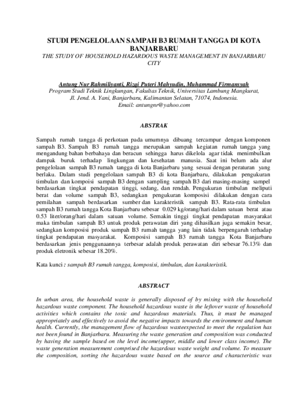 (PDF) Studi Pengelolaan Sampah B3 Rumah Tangga DI Kota Banjarbaru