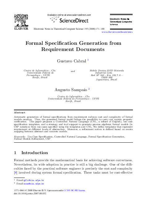 (PDF) Formal Specification Generation from Requirement Documents