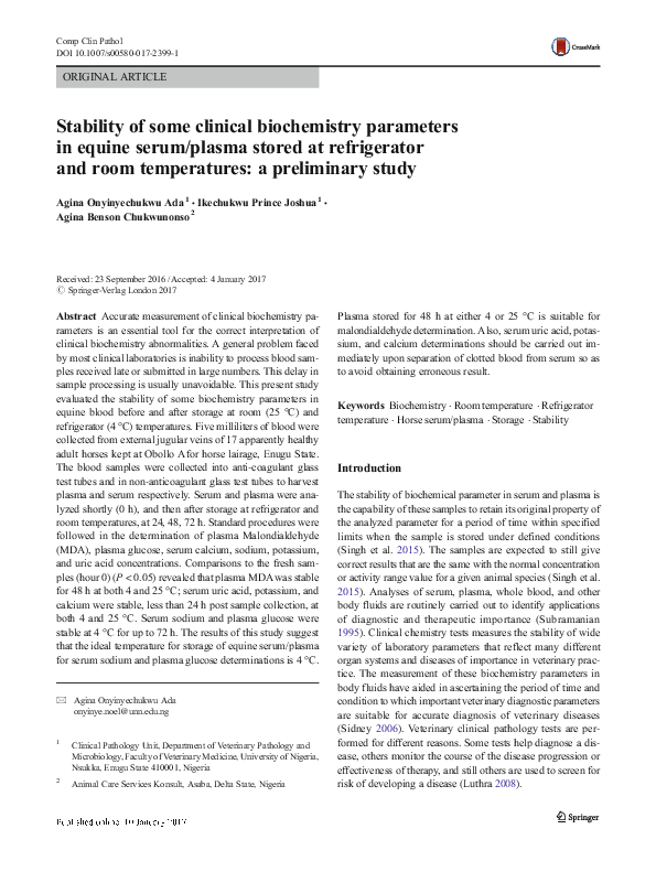 (PDF) Stability of some clinical biochemistry parameters in equine ...