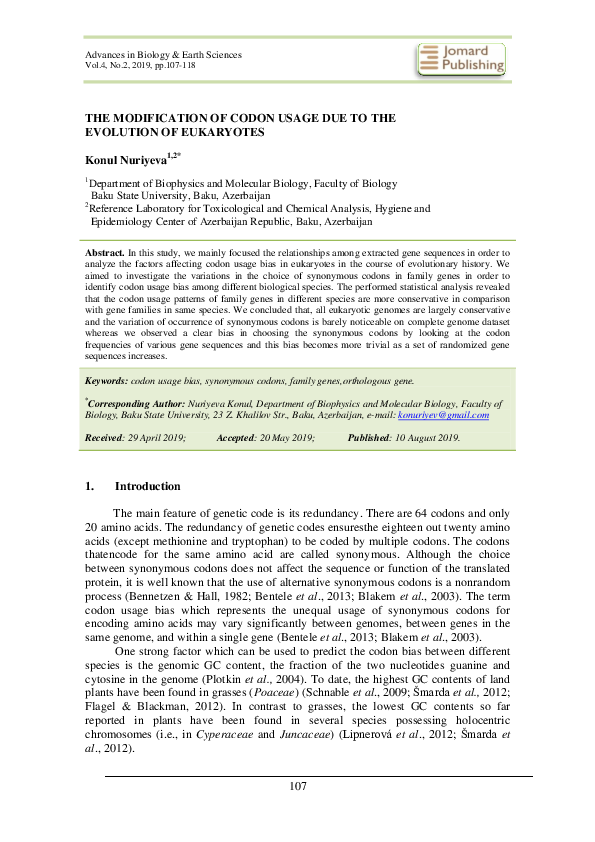 Pdf The Modification Of Codon Usage Due To The Evolution Of Eukaryotes