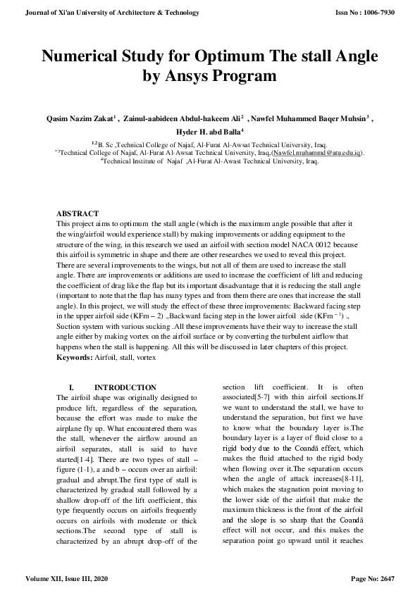 (PDF) Numerical Study for Optimum The stall Angle by Ansys Program