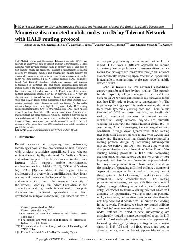 (PDF) Managing Disconnected Mobile Nodes in a Delay Tolerant Network with HALF Routing Protocol