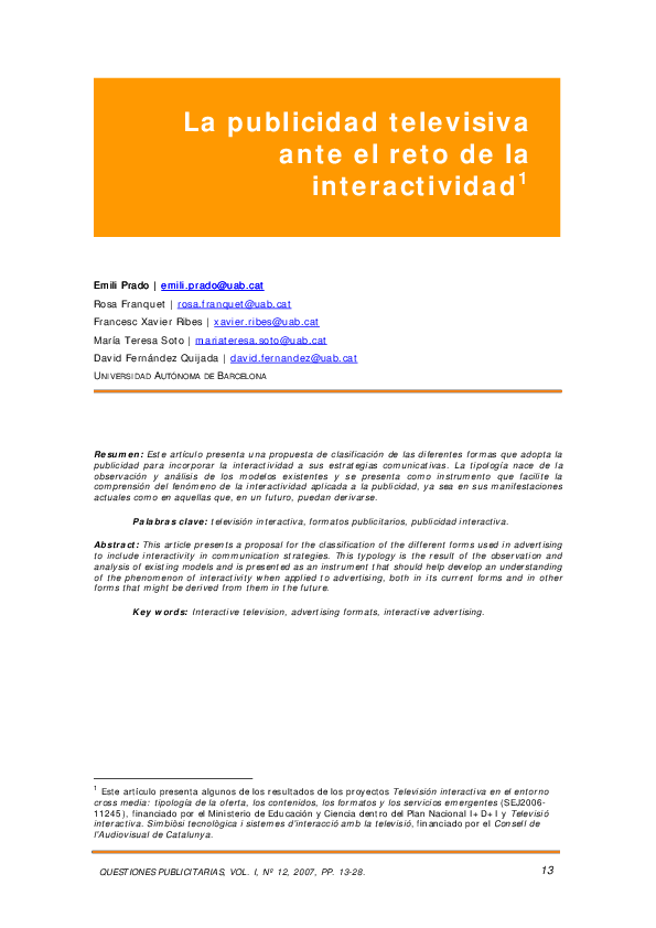 (PDF) La publicidad televisiva ante el reto de la interactividad | Xavier Ribes - Academia.edu