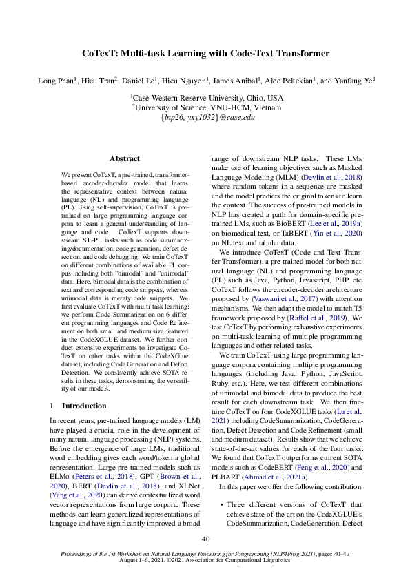 (PDF) CoTexT: Multi-task Learning with Code-Text Transformer
