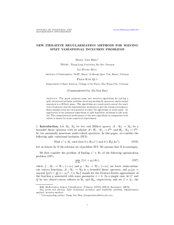 (PDF) New iterative regularization methods for solving split variational inclusion problems