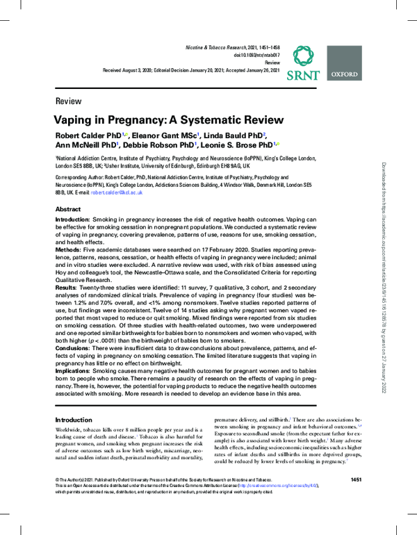 (PDF) Vaping in Pregnancy: A Systematic Review | Debbie Robson ...