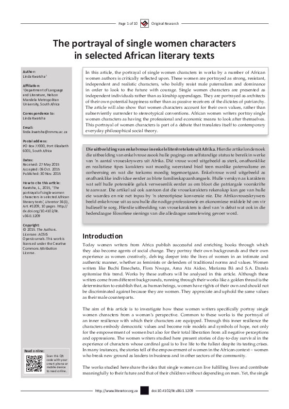(PDF) The portrayal of single women characters in selected African ...