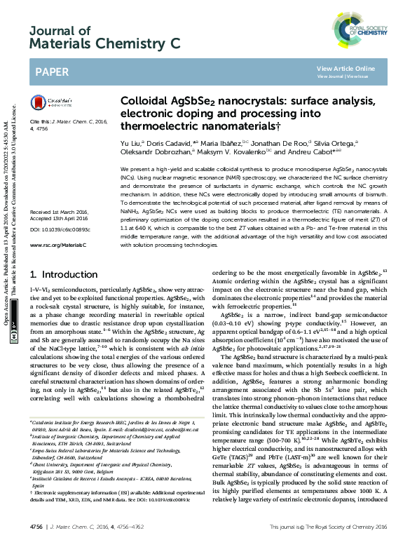 (PDF) Colloidal AgSbSe2 nanocrystals: surface analysis, electronic doping and processing into ...