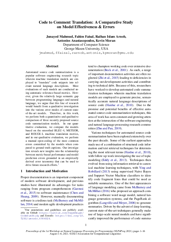 Code to Comment Translation: A Comparative Study on Model Effectiveness & Errors