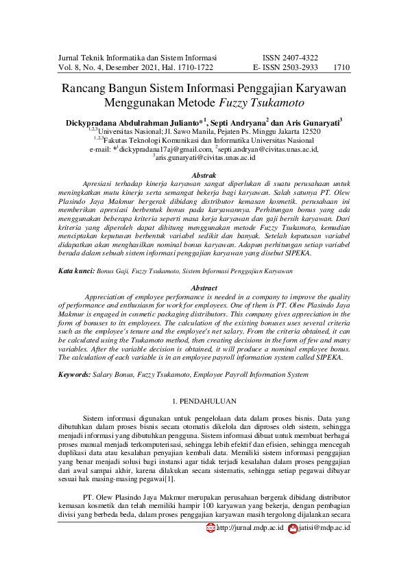(PDF) Rancang Bangun Sistem Informasi Penggajian Karyawan Menggunakan Metode Fuzzy Tsukamoto