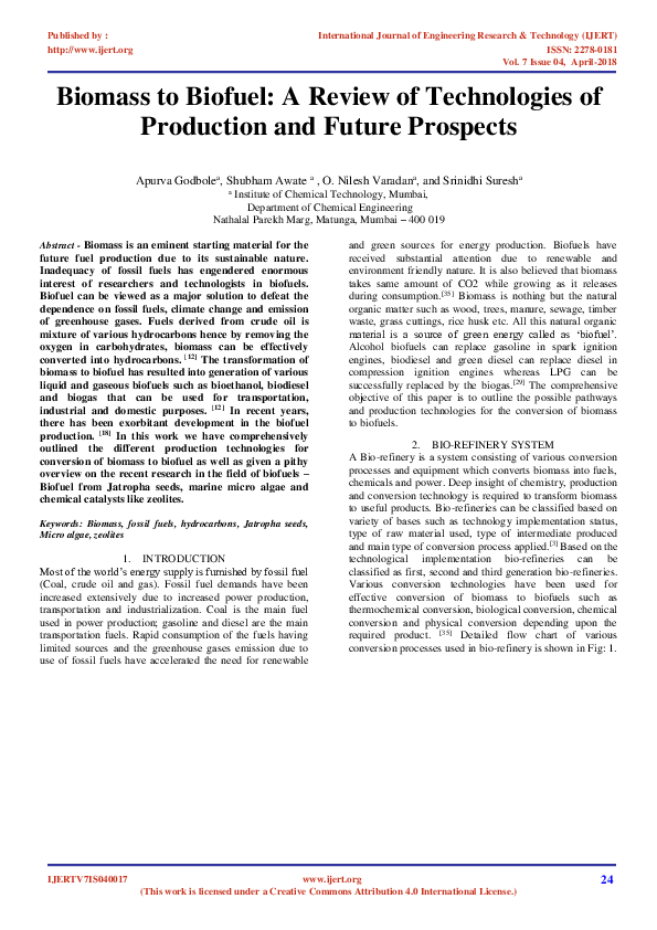 (PDF) Biomass to Biofuel: A Review of Technologies of Production and Future Prospects