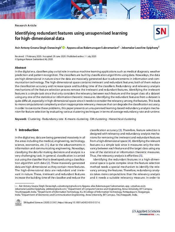 (PDF) Identifying redundant features using unsupervised learning for high-dimensional data