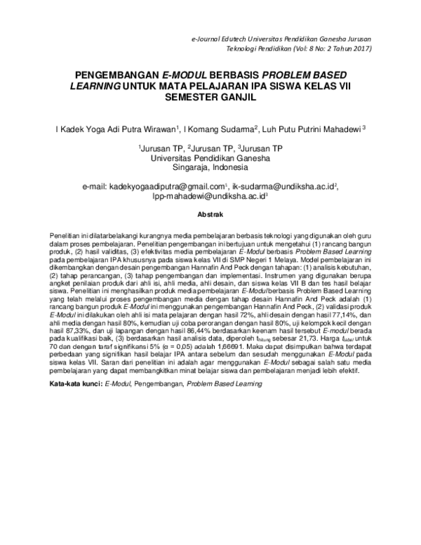 (PDF) Pengembangan E-Modul Berbasis Problem Based Learning Untuk Mata Pelajaran Ipa Siswa Kelas ...