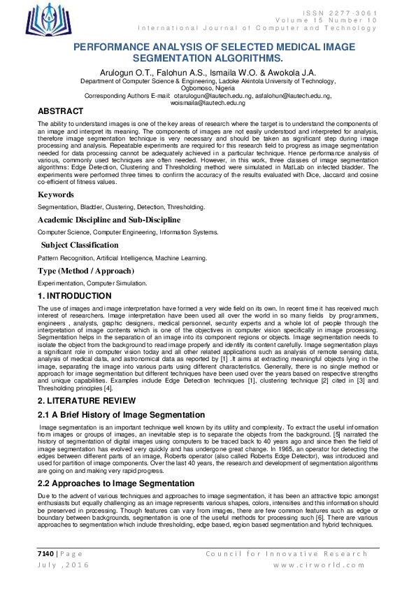 (PDF) Performance Analysis of Selected Medical Image Segmentation Algorithms