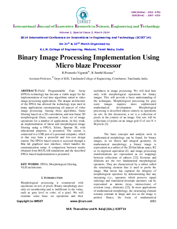 (PDF) Binary Image Processing Implementation UsingMicro blaze Processor