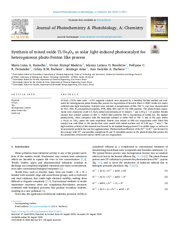(PDF) Synthesis of mixed oxide Ti/Fe2O3 as solar light-induced photocatalyst for heterogeneous ...