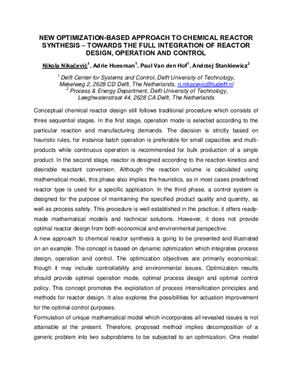 (PDF) New Optimization-Based Approach to Chemical Reactor Synthesis ...