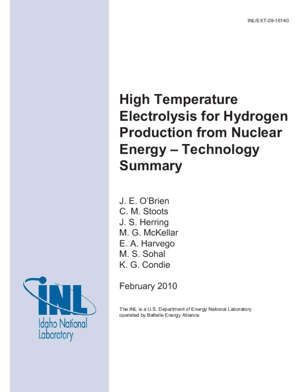 (PDF) High Temperature Electrolysis for Hydrogen Production from Nuclear Energy ? TechnologySummary