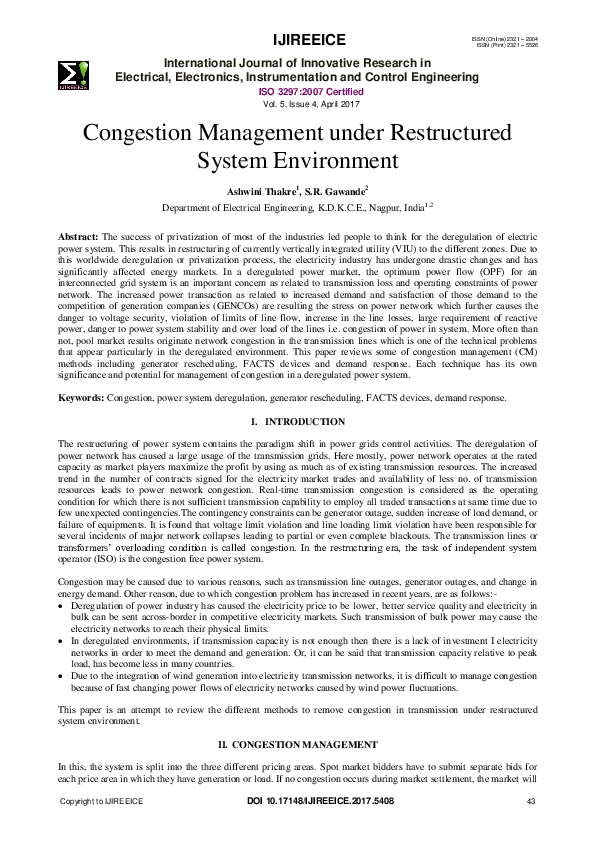 (PDF) Congestion Management under Restructured System Environment