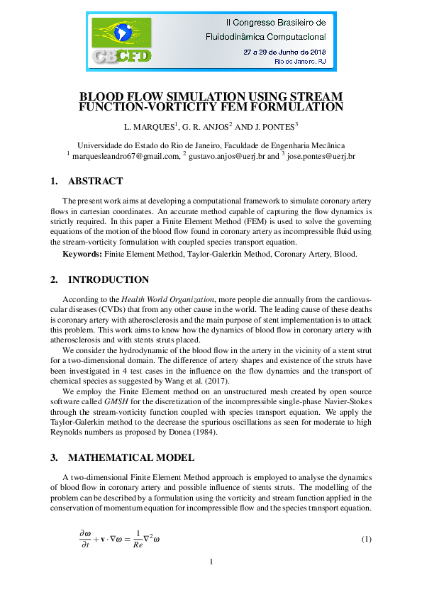 (PDF) Blood Flow Simulation Using Stream Function-Vorticity Fem Formulation