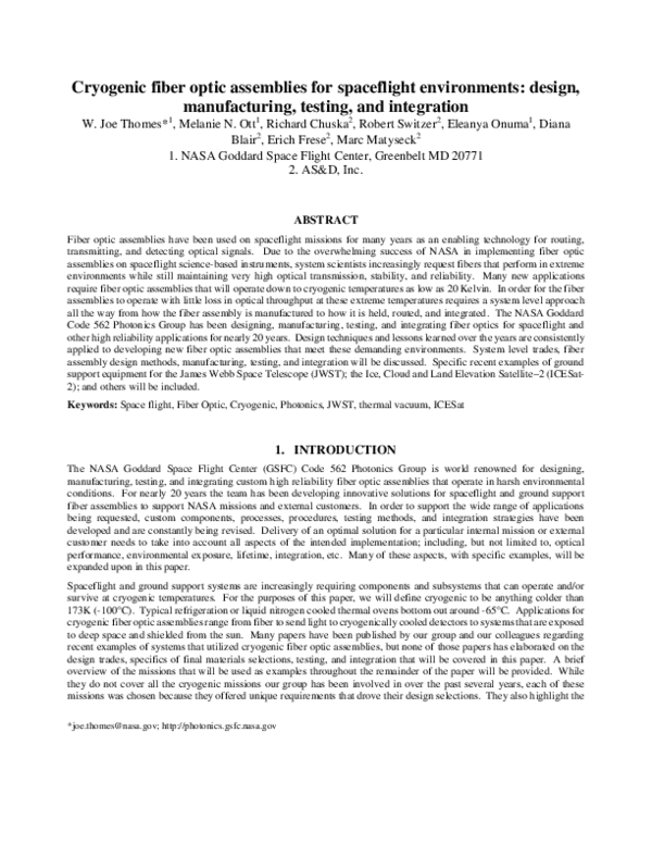 (PDF) Cryogenic fiber optic assemblies for spaceflight environments: design, manufacturing ...