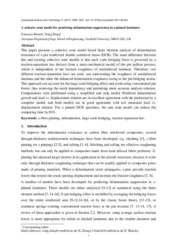 Pdf A Cohesive Zone Model For Predicting Delamination Suppression In Z Pinned Laminates