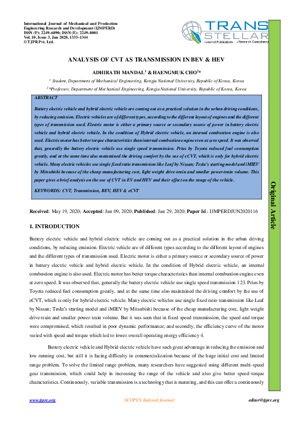 (PDF) Analysis of CVT as Transmission in Bev , HEV