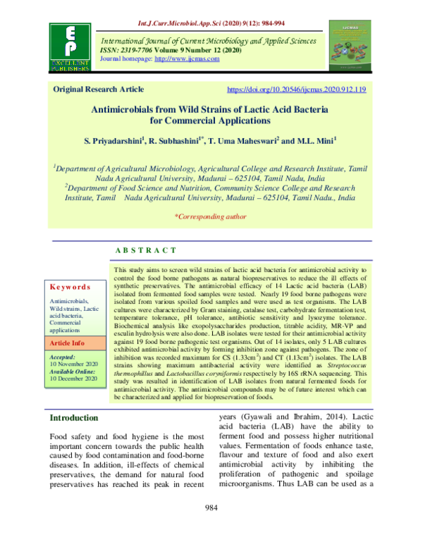 (PDF) Antimicrobials from Wild Strains of Lactic Acid Bacteria for Commercial Applications