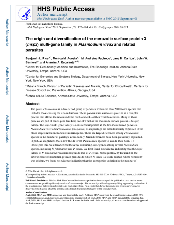 (PDF) The origin and diversification of the merozoite surface protein 3 ...