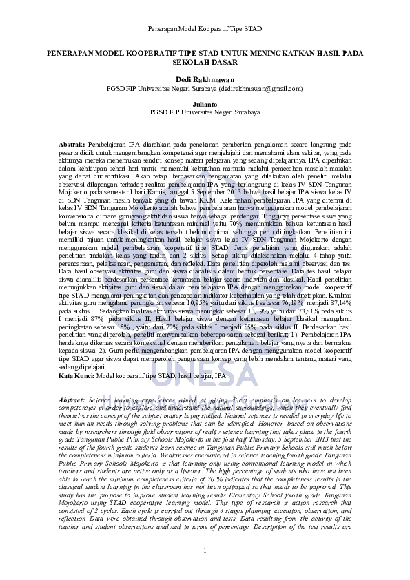(PDF) Penerapan Model Kooperatif Tipe Stad Untuk Meningkatkan Hasil Pada Sekolah Dasar | Dedi ...