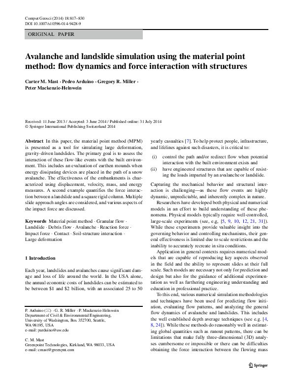 Pdf Avalanche And Landslide Simulation Using The Material Point Method Flow Dynamics And