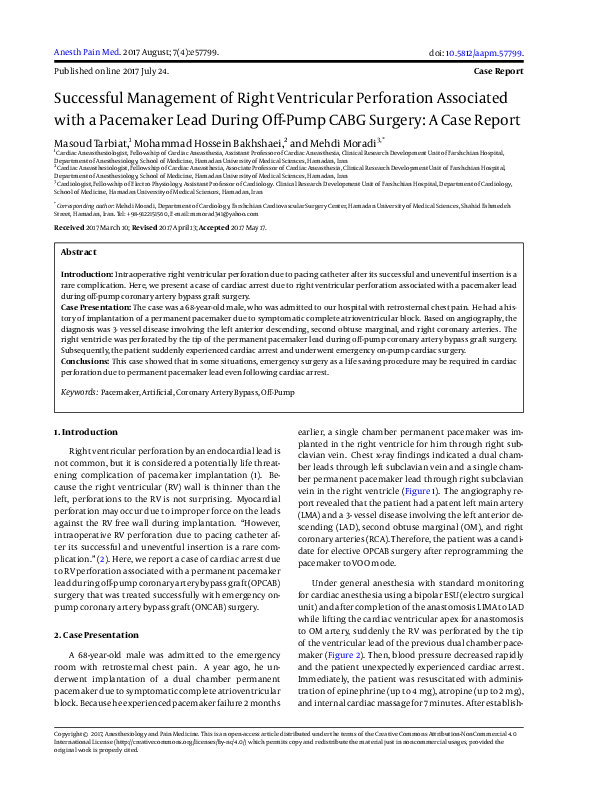 (PDF) Successful Management of Right Ventricular Perforation Associated ...