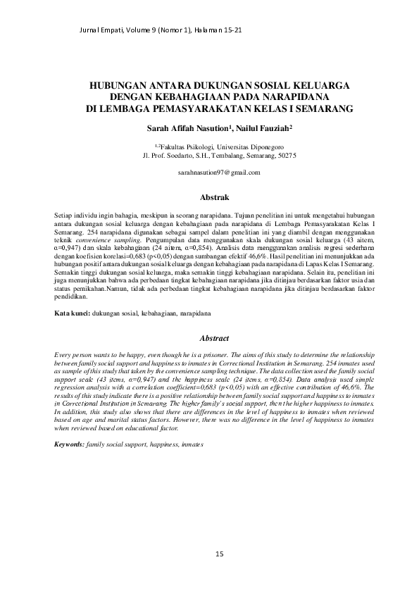 (PDF) Hubungan Antara Dukungan Sosial Keluarga Dengan Kebahagiaan Pada Narapidana DI Lembaga ...
