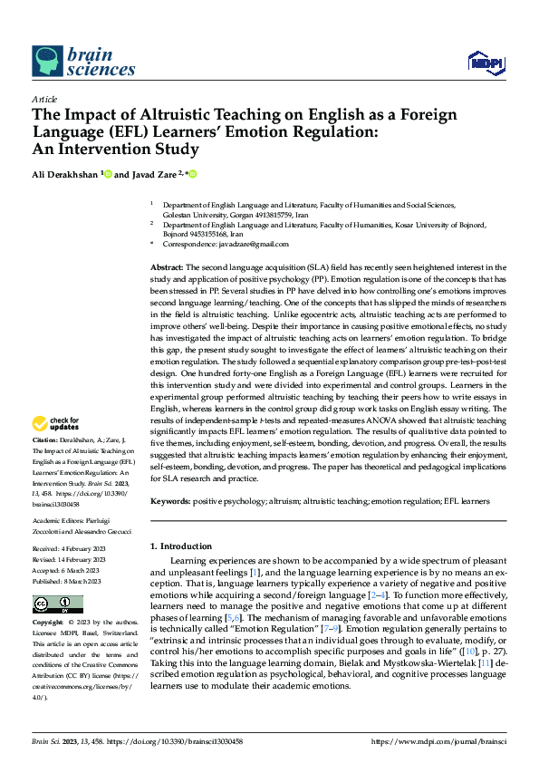 (PDF) The Impact of Altruistic Teaching on English as a Foreign Language (EFL) Learners’ Emotion ...