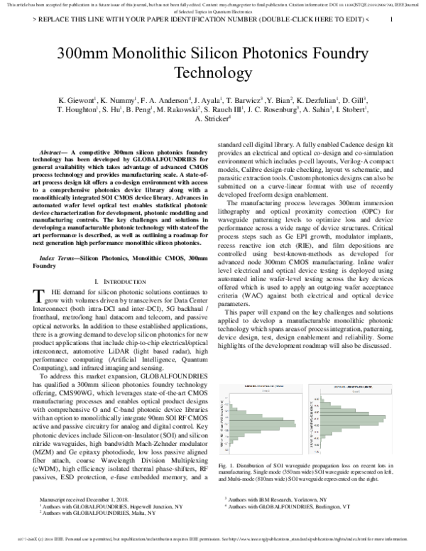 (PDF) 300-mm Monolithic Silicon Photonics Foundry Technology