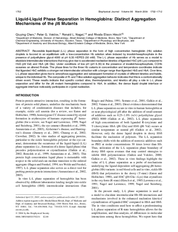 (PDF) Liquid-Liquid Phase Separation in Hemoglobins: Distinct ...