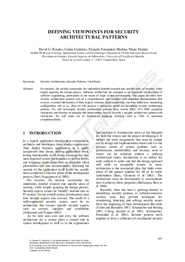 (PDF) Defining Viewpoints for Security Architectural Patterns