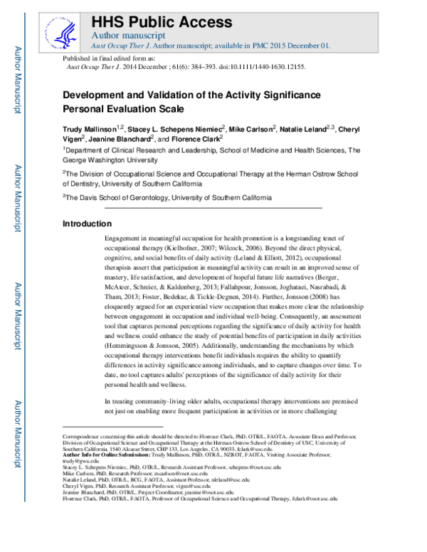 (PDF) Development and validation of the activity significance personal ...
