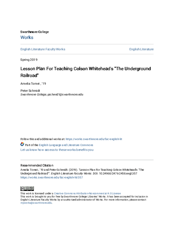 (PDF) Lesson Plan For Teaching Colson Whitehead's "The Underground Railroad