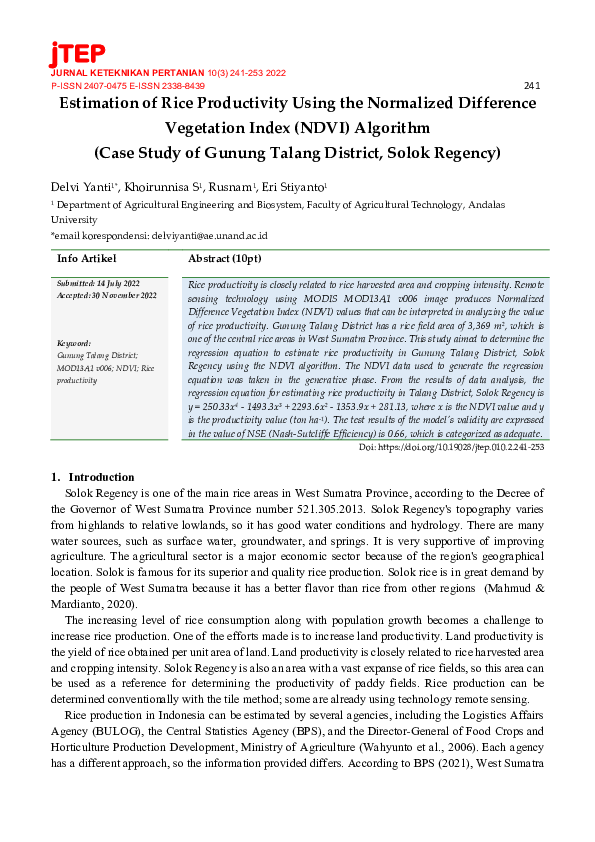Pdf Estimation Of Rice Productivity Using The Normalized Difference Vegetation Index Ndvi