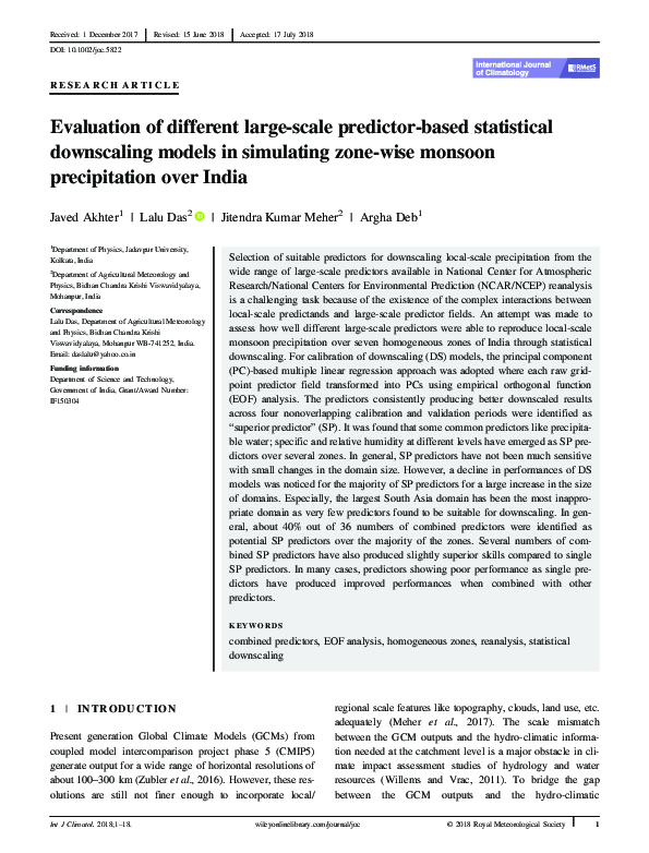 Pdf Evaluation Of Different Large Scale Predictor Based Statistical Downscaling Models In