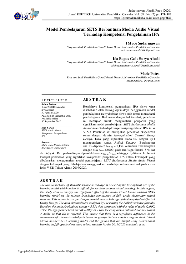 (PDF) Model Pembelajaran SETS Berbantuan Media Audio Visual Terhadap Kompetensi Pengetahuan IPA