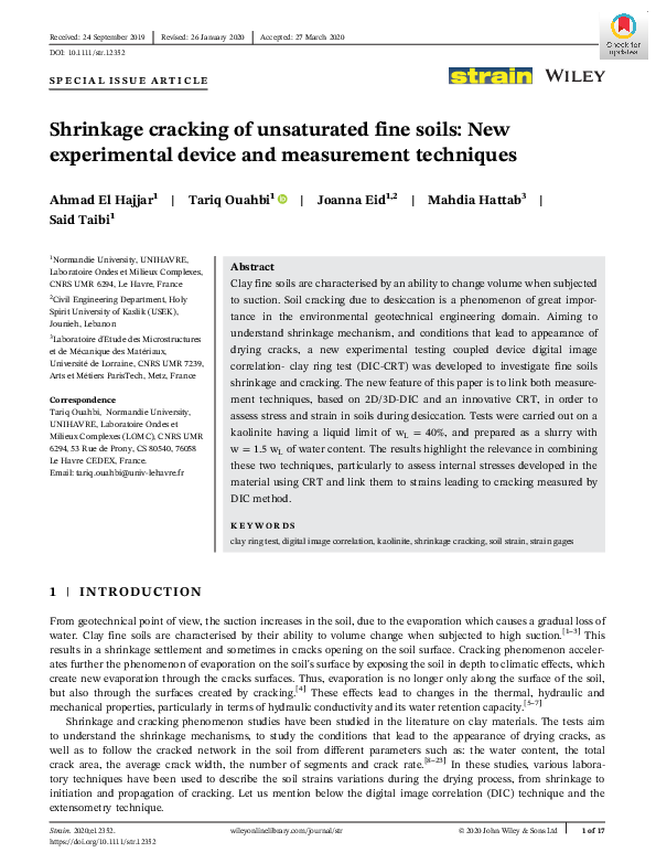 (PDF) Shrinkage cracking of unsaturated fine soils: New experimental device and measurement ...