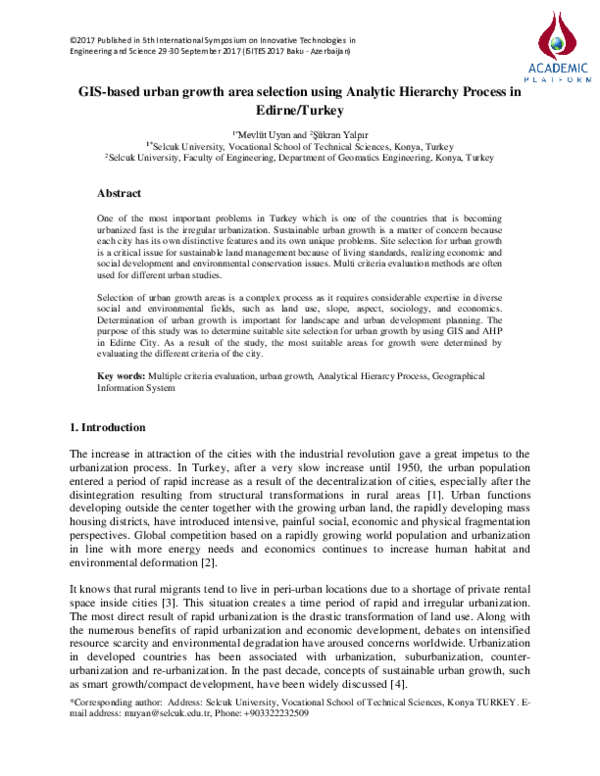 (PDF) GIS-based urban growth area selection using Analytic Hierarchy Process in Edirne/Turkey