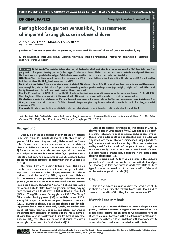 (PDF) Fasting blood sugar test versus HbA1C in assessment of impaired ...