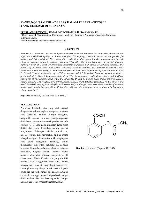 (PDF) Kandungan Salisilat Bebas Dalam Tablet Asetosal yang Beredar di ...